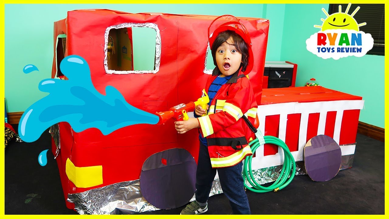 Ryan Pretend Play with Fire Truck Box Fort Seattle Fire Department ...